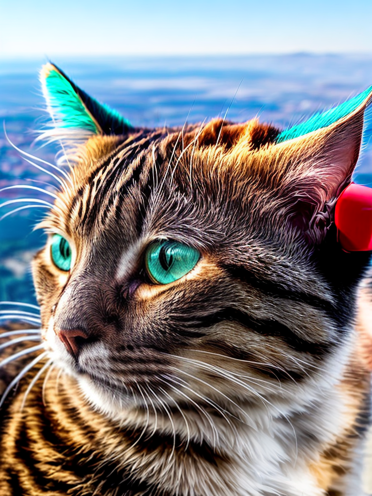 close up of a cat sitting in a red airplane flying over a city