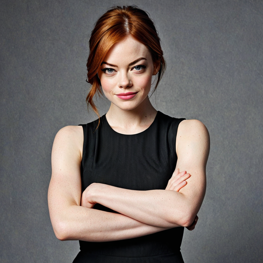 Youthful Emma Stone, flexing, large biceps