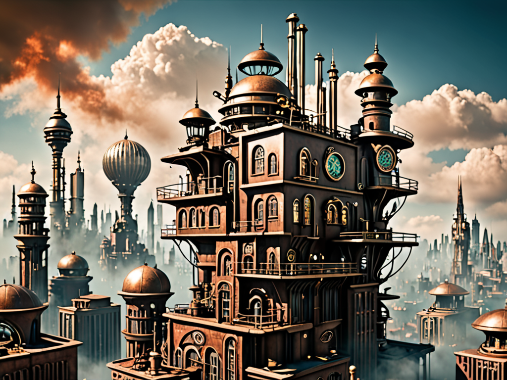 steam punk cyber punk magic city scape