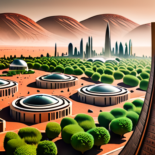 a city in mars with gardens and trees and humans and aliens
