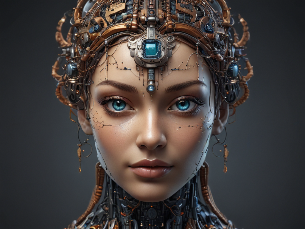 Futuristic Cyborg Woman with Intricate Details and Striking Blue Eyes