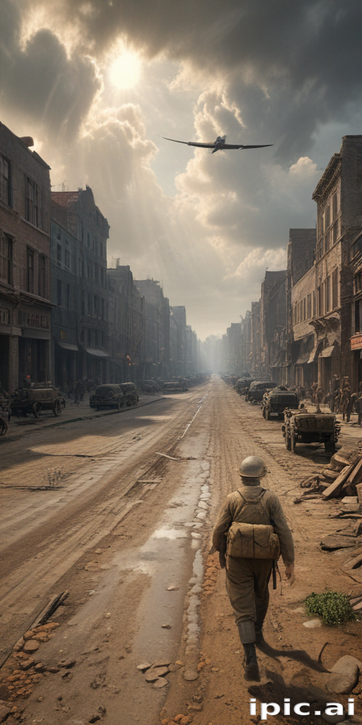 Soldier Walking Through Desolate City Streets Under Dramatic Sky and Clouds