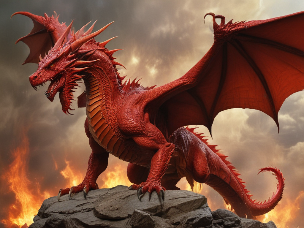 Majestic Red Dragon Spreading Its Wings Amidst Fiery Background and Clouds