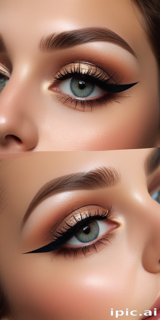 Stunning Close-Up of Elegant Eye Makeup Featuring Gold and Winged Eyeliner