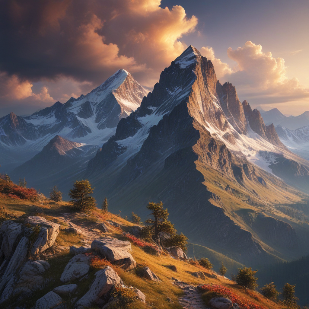 Majestic Mountain Landscape Under a Dramatic Sky at Sunset
