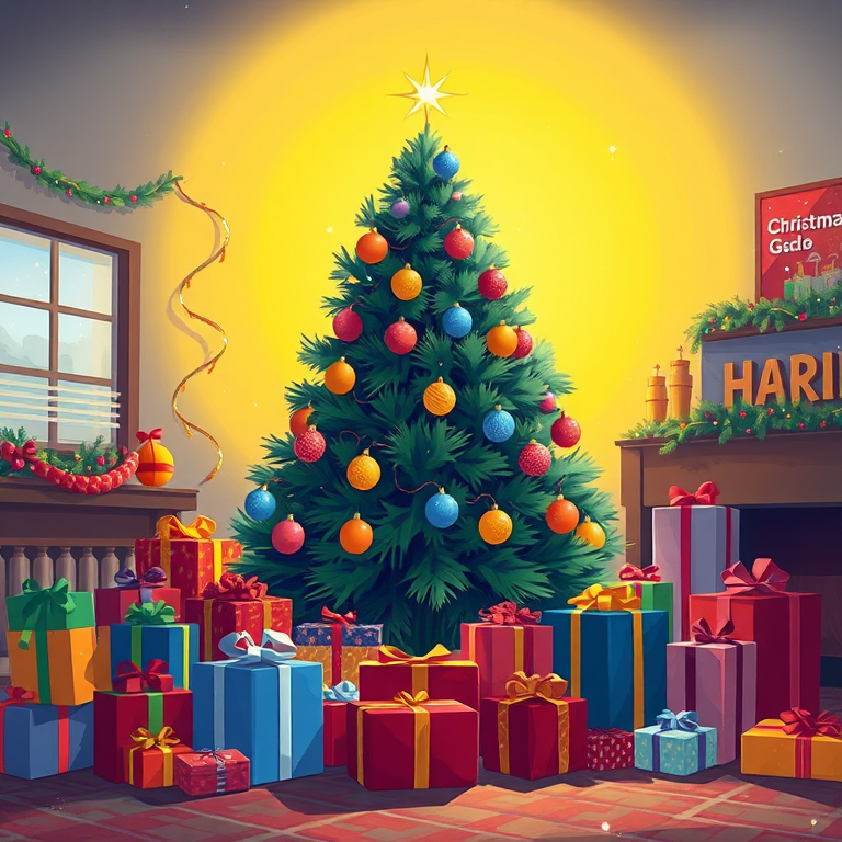 Cozy Living Room Scene with Decorated Christmas Tree and Colorful Gifts