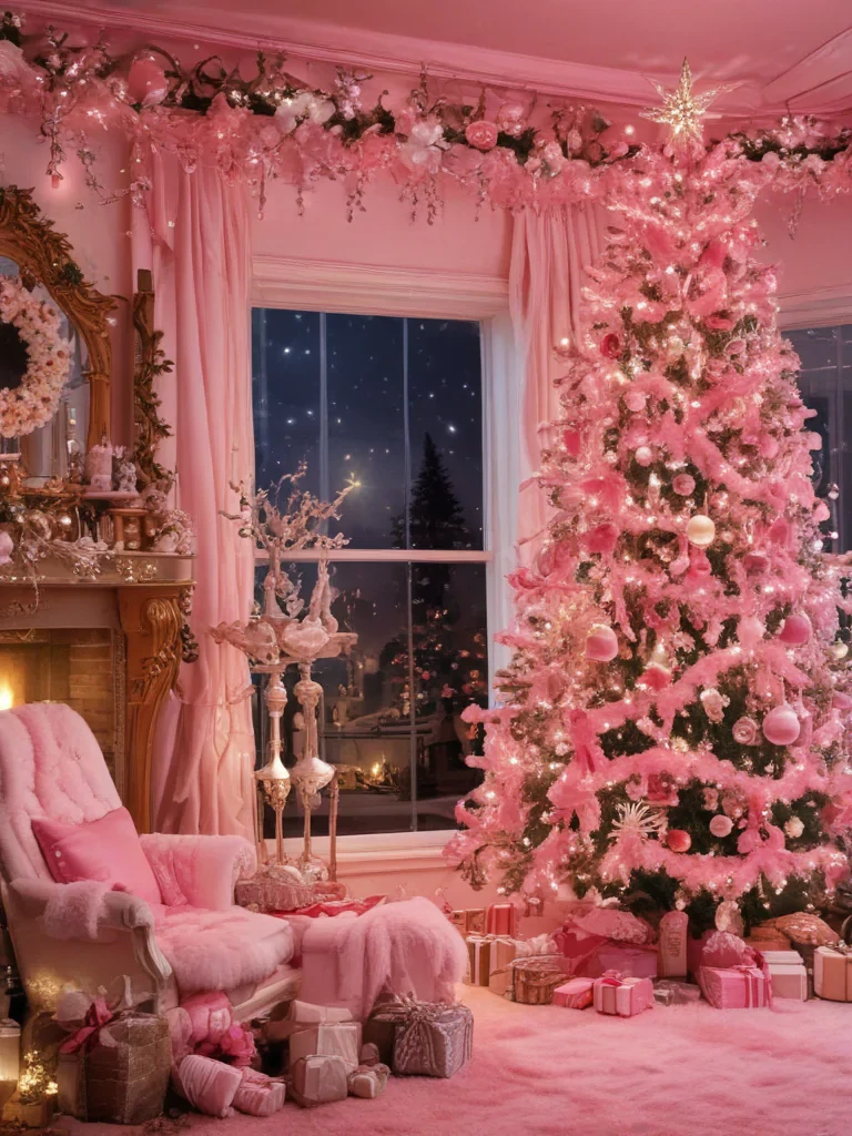 Whimsical Pink Christmas Wonderland with a Beautifully Decorated Tree