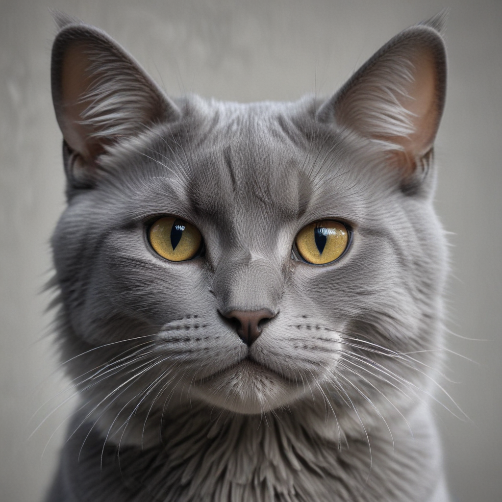 A Majestic Gray Cat with Striking Yellow Eyes and Soft Fur.