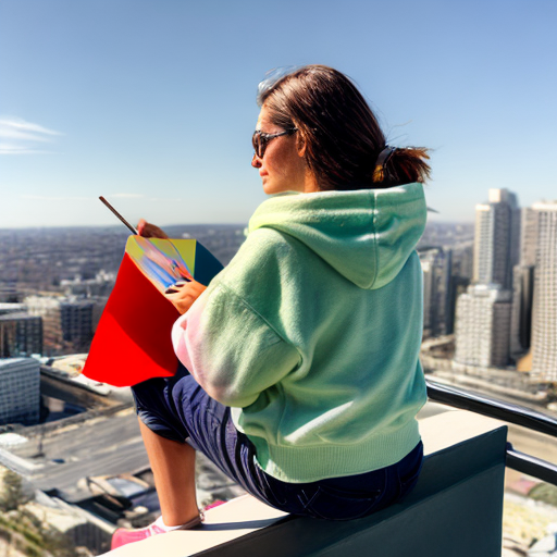 woman on top of a building with drawing in hand