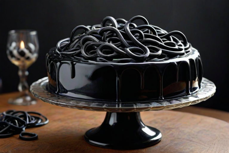 Decadent Black Cake Topped with Intriguing Edible Black Noodle Decoration.