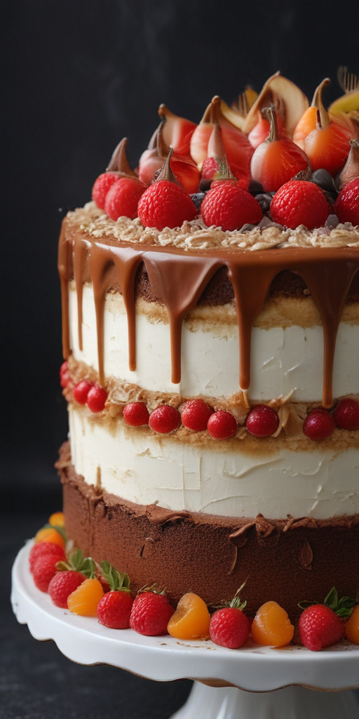 Decadent Layered Cake Topped with Fresh Fruits and Chocolate Drizzle