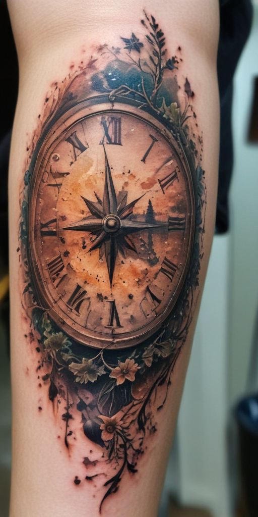 Intricate Tattoo Design Featuring a Vintage Clock Surrounded by Nature ...