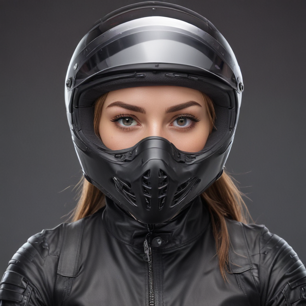 female biker with motorcycle helmet and face completely covered by the ...