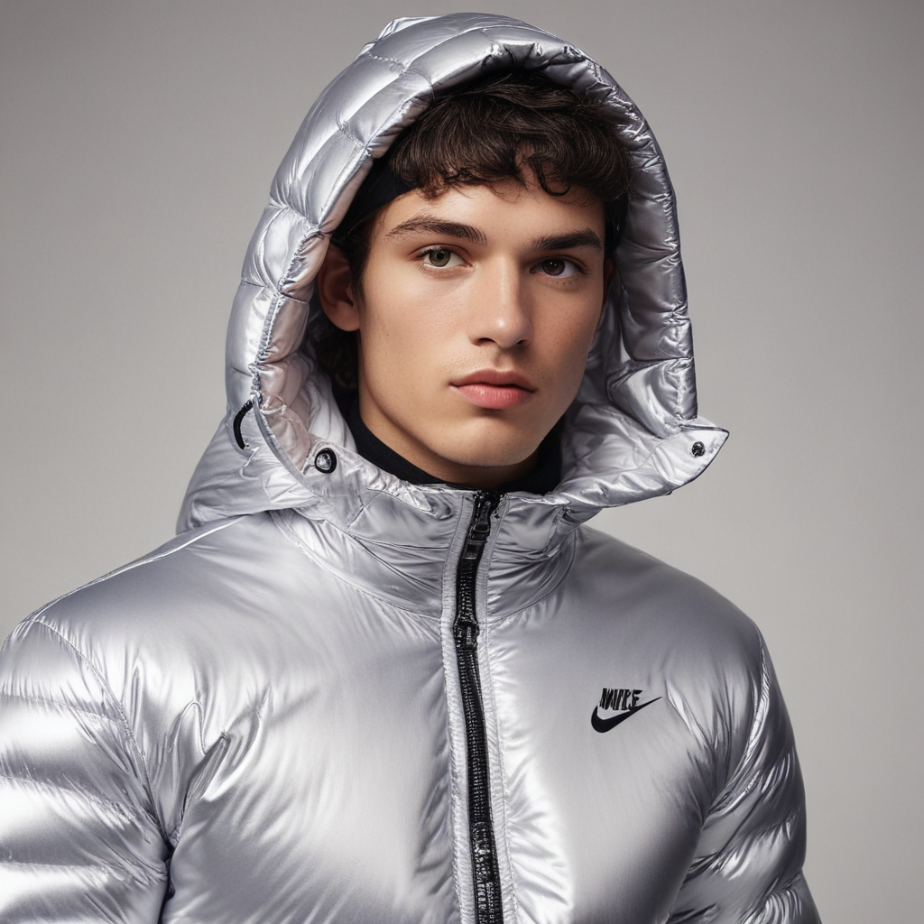Male supermodel nike shiny puffer jacket bling jewellery hood headband