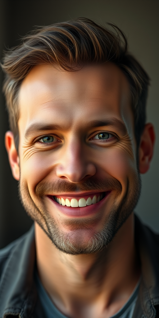 Joyful Man with Bright Smile and Warm Eyes in Soft Lighting