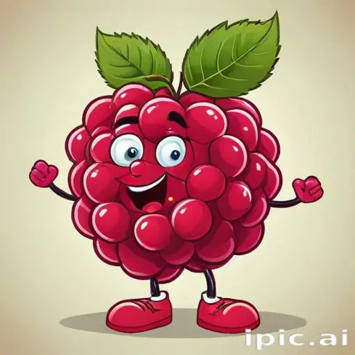 A Cheerful Cartoon Raspberry Character with Leaves and Happy Expression.