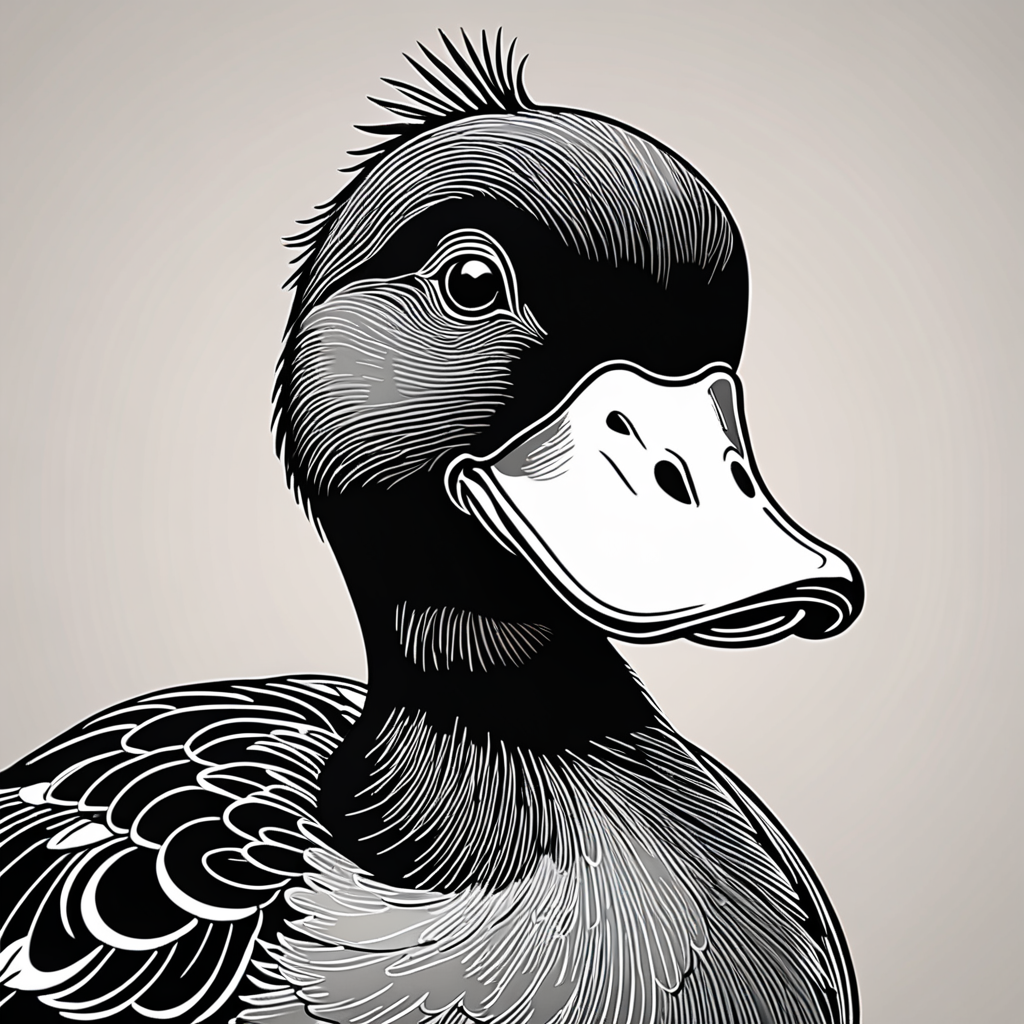 simple line drawing of cartoon Pixar style goofy Muscovy duck low ...