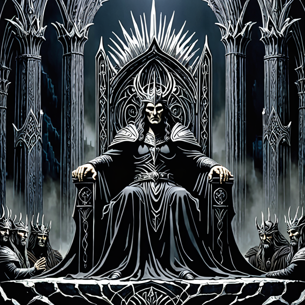 Morgoth sitting on his throne and Luthien sings to him