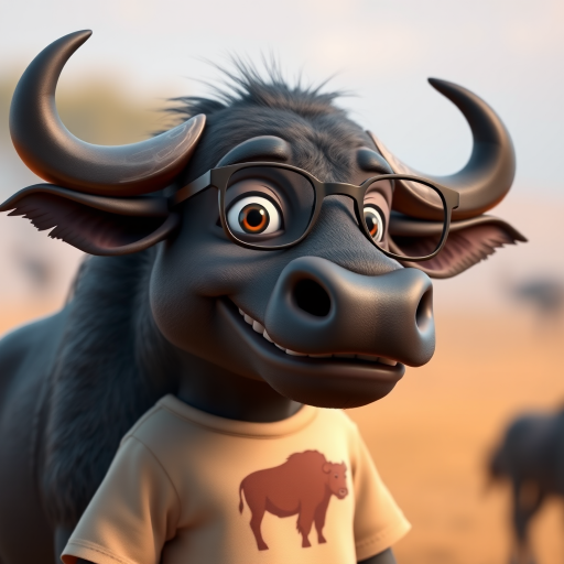 A Cheerful Cartoon Buffalo Character Wearing Glasses and a T-Shirt.