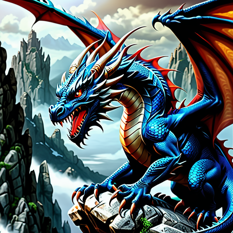 Majestic Blue Dragon Perched on Rocky Mountain Peak Under Dramatic Sky