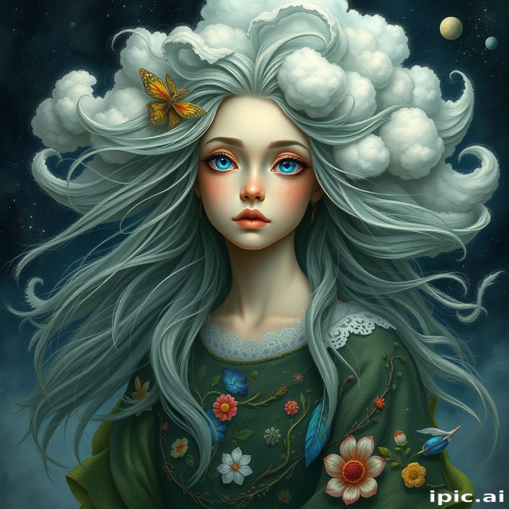 Dreamy Portrait of a Young Woman With Ethereal Cloud Hair and Butterflies