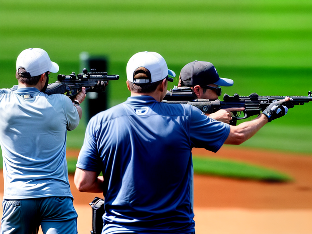 a man with a gun aiming and shooting two men with cap back face at ...