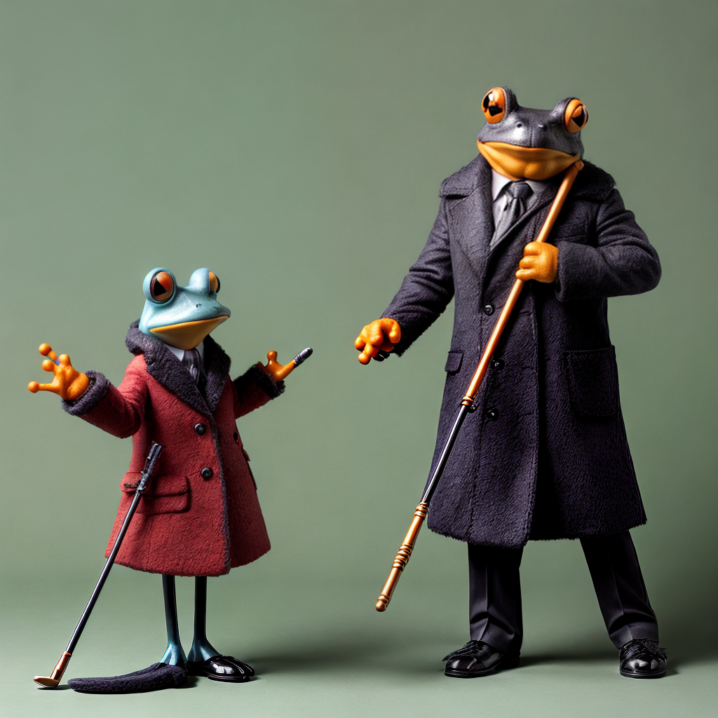 Frog in a furry coat and a cane in its hand