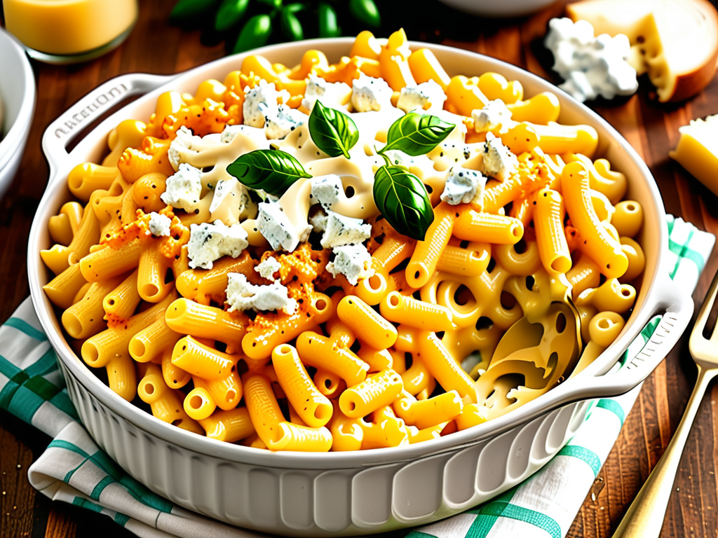 Deliciously Creamy Macaroni and Cheese Topped with Fresh Basil Leaves.