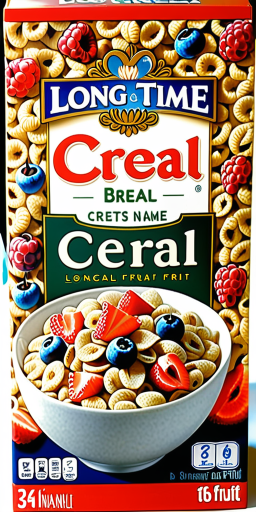 Colorful Breakfast Cereal Box Featuring Mixed Fruits and Cheerful Design