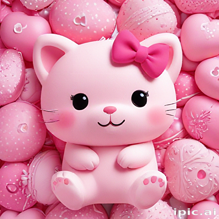 Adorable Pink Cat Plush Surrounded by Colorful Sweet Treats and Desserts