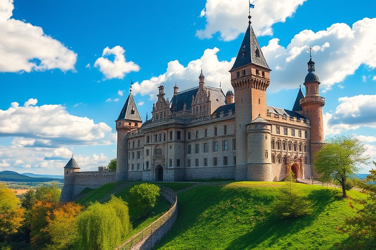 Majestic Castle Surrounded by Lush Greenery Under a Bright Blue Sky