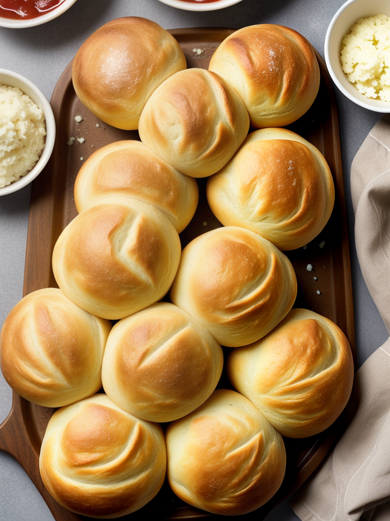 Freshly Baked Dinner Rolls Arranged on a Wooden Tray with Toppings