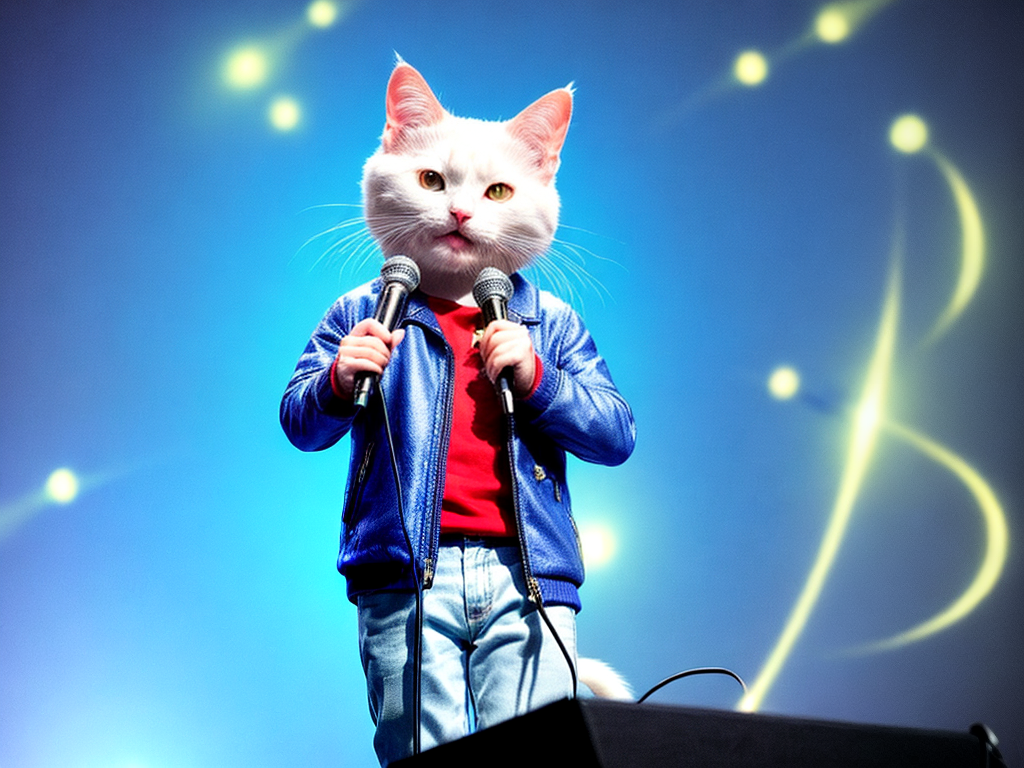 white cat in a shiny jacket singing into a microphone on a stage