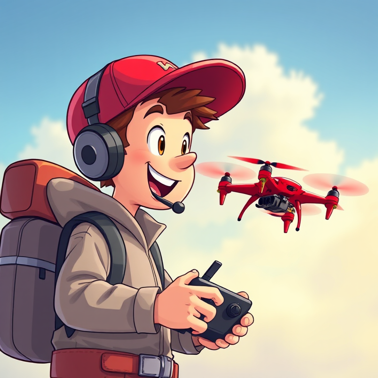 Create an illustration of a cartoon-style pilot character wearing a red ...