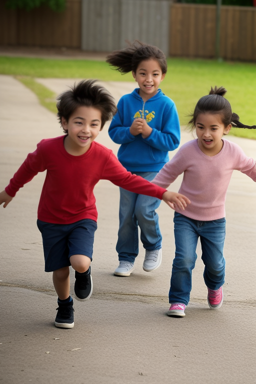 Three Joyful Children Running Together in a Sunny Outdoor Setting