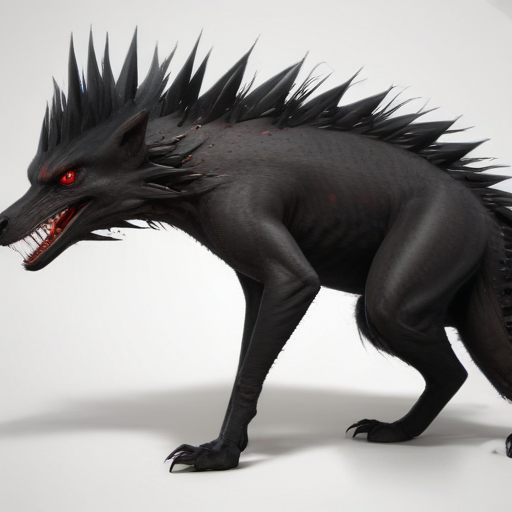 A black creature with red eyes and spiky skin and a spiky tail