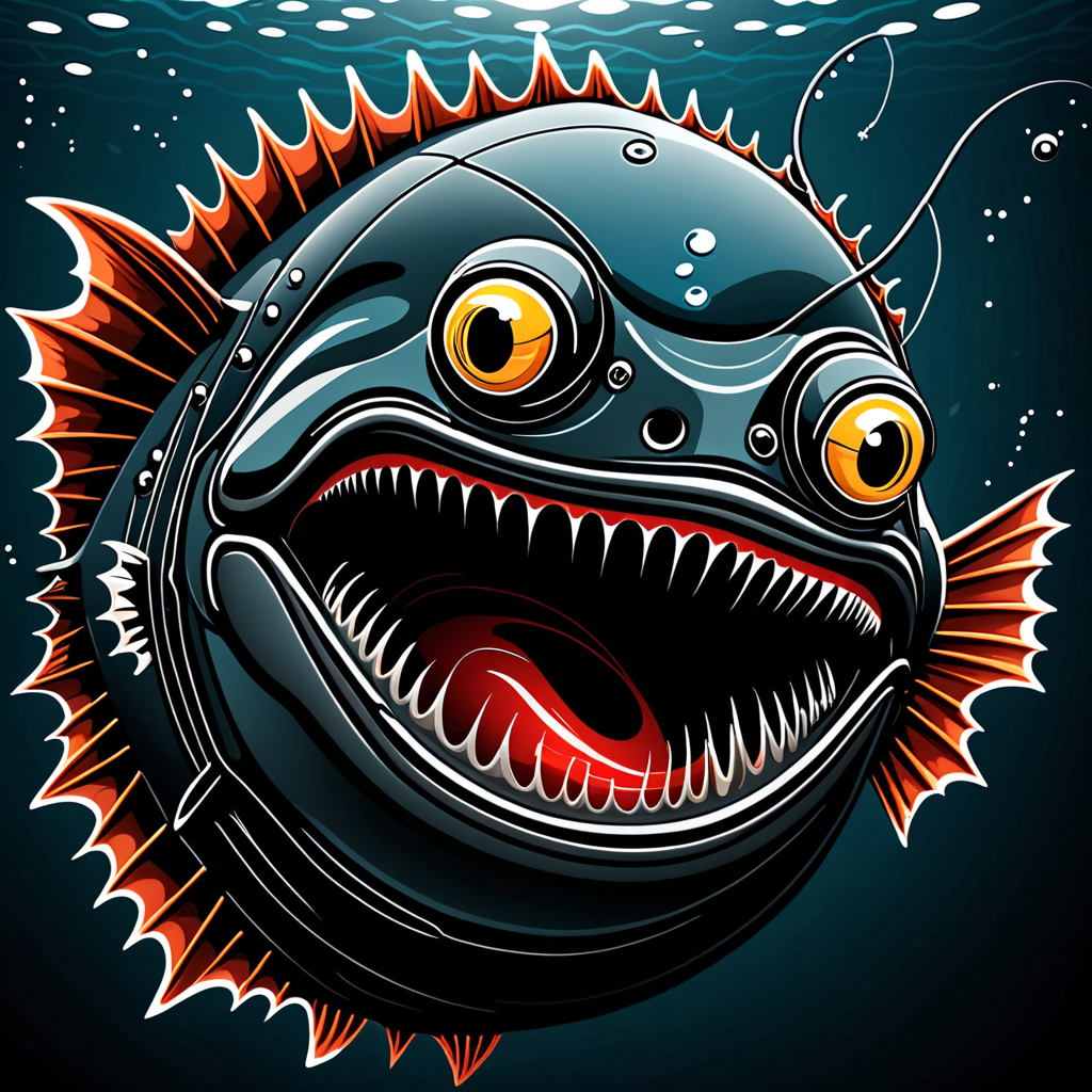 cartoon big teeth angler fish illuminated by it's lure swimming towards ...