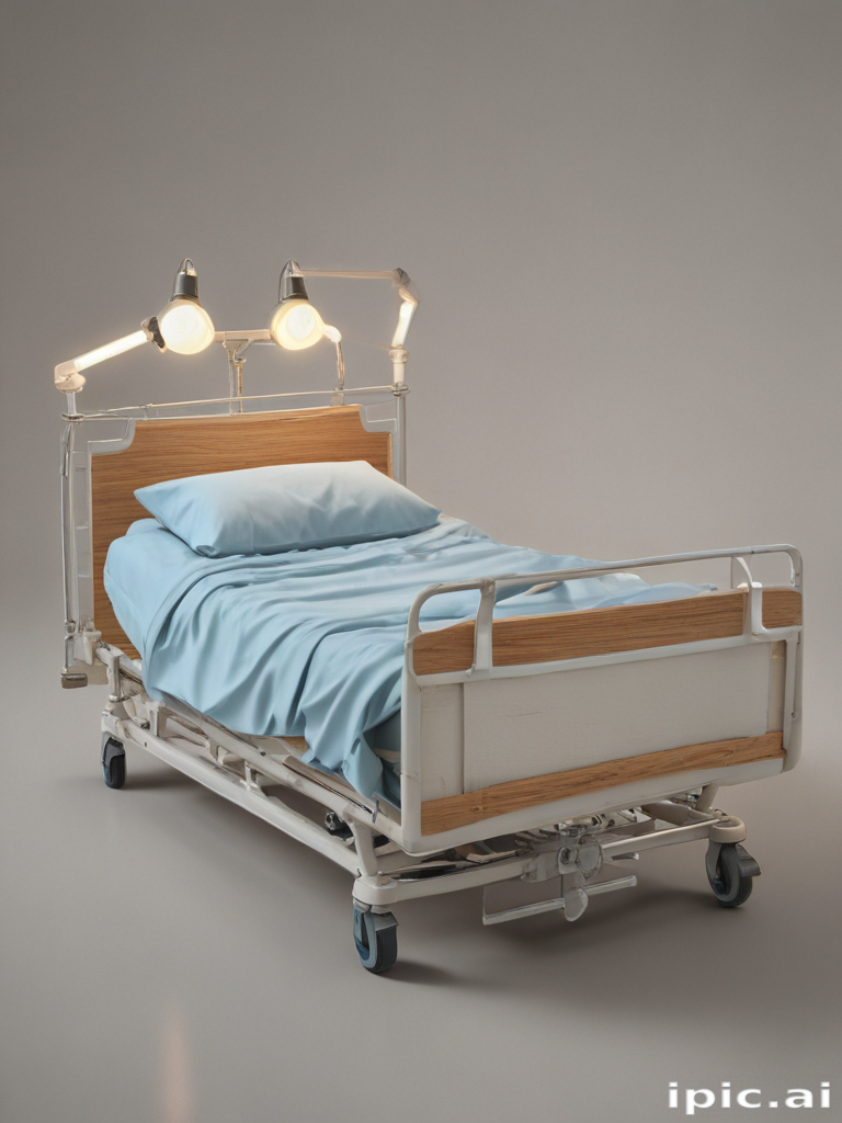 Modern Hospital Bed with Soft Blue Linens and Adjustable Lighting Features