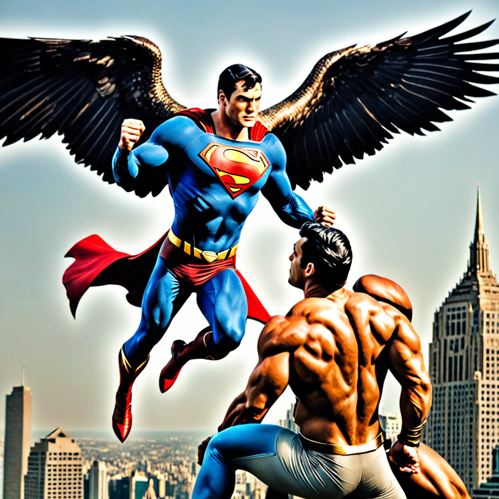 Superman fighting a Hawkman with a man's body