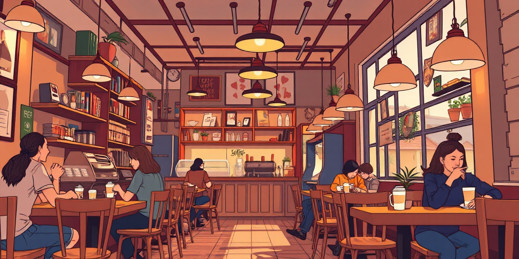 A Cozy Café Scene Featuring Patrons Enjoying Drinks and Conversation.