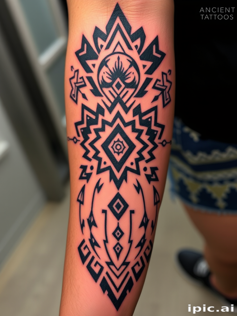 Intricate Black Tribal Tattoo Design on Forearm with Geometric Patterns