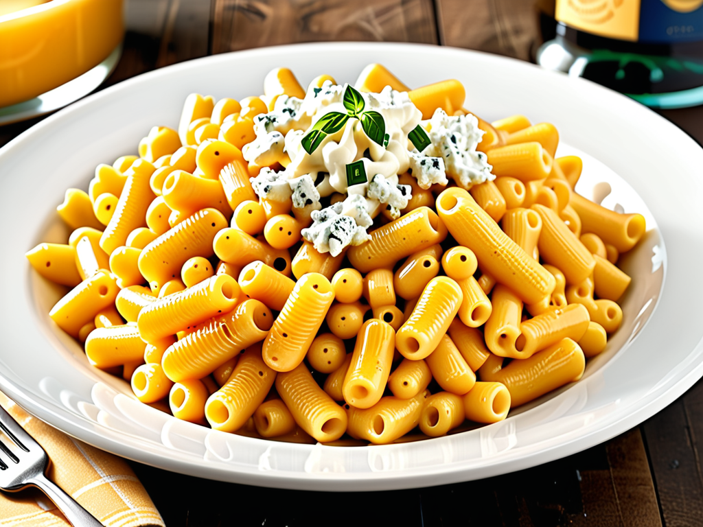 Delicious Plate of Cheesy Pasta with Creamy Topping and Fresh Herbs.