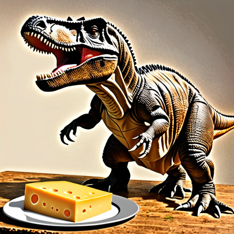 a dinosaur eating a giant piece of cheese with kanye west