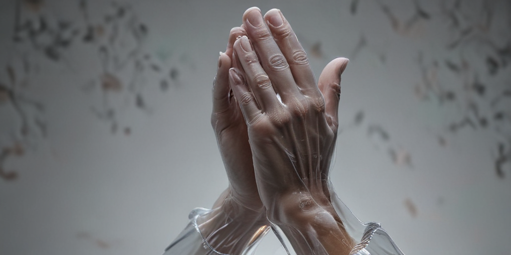 Delicate Human Hands Together in Prayer Beneath a Soft, Ethereal Background