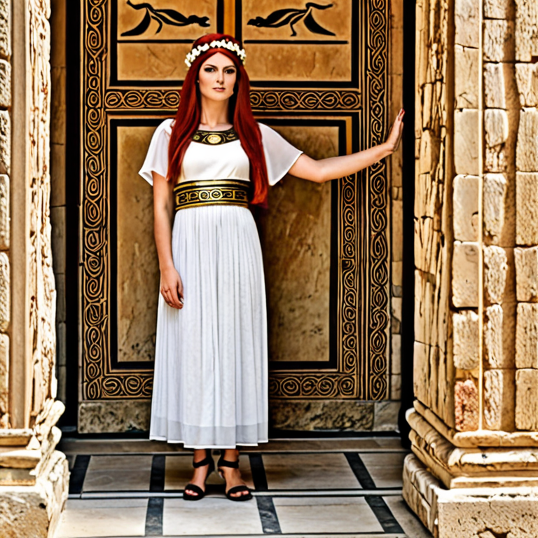 an ancient Greek princess with red hair in a Minoan palace
