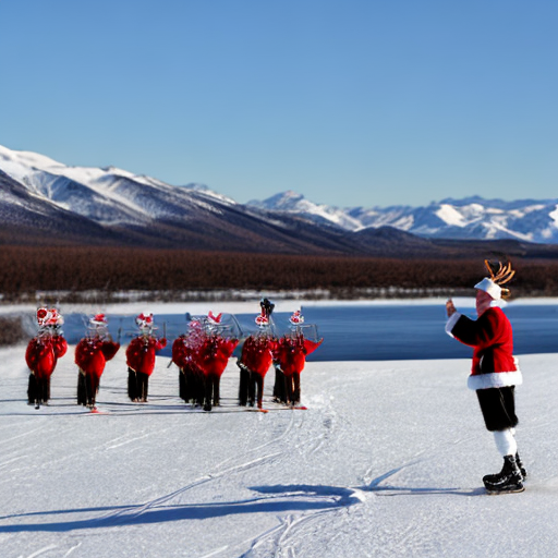 santa exercising with elves and reindeer in north pole