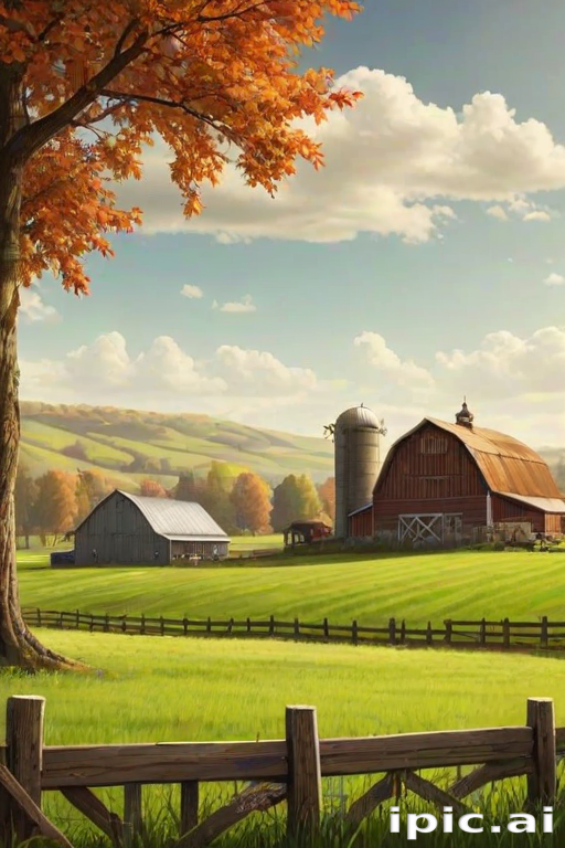 A Peaceful Autumn Scene of a Rustic Farm Surrounded by Colorful Trees.