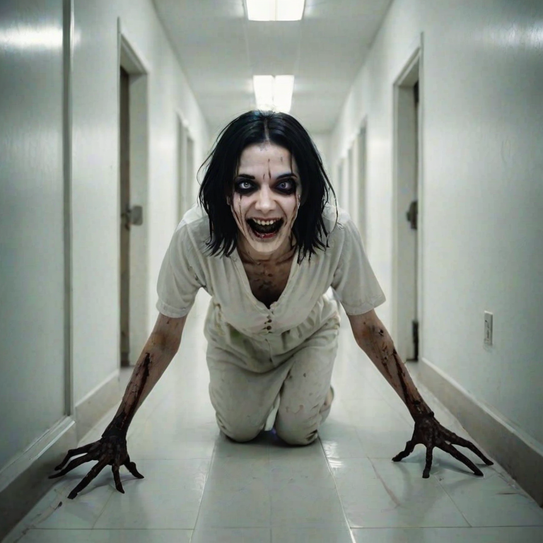 Terrifying Figure Crawling in a Dimly Lit, Abandoned Hospital Corridor