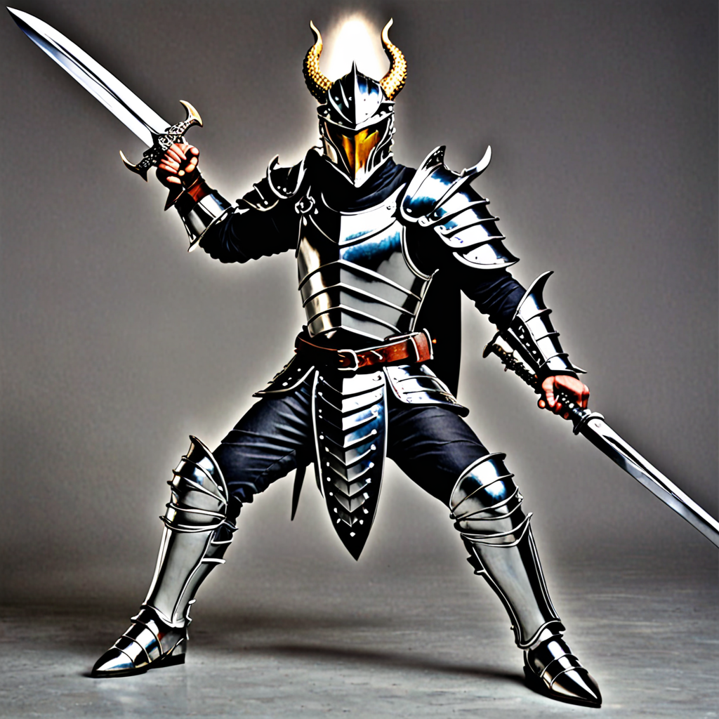 a half-dragon man with metal armor and a sword fighting