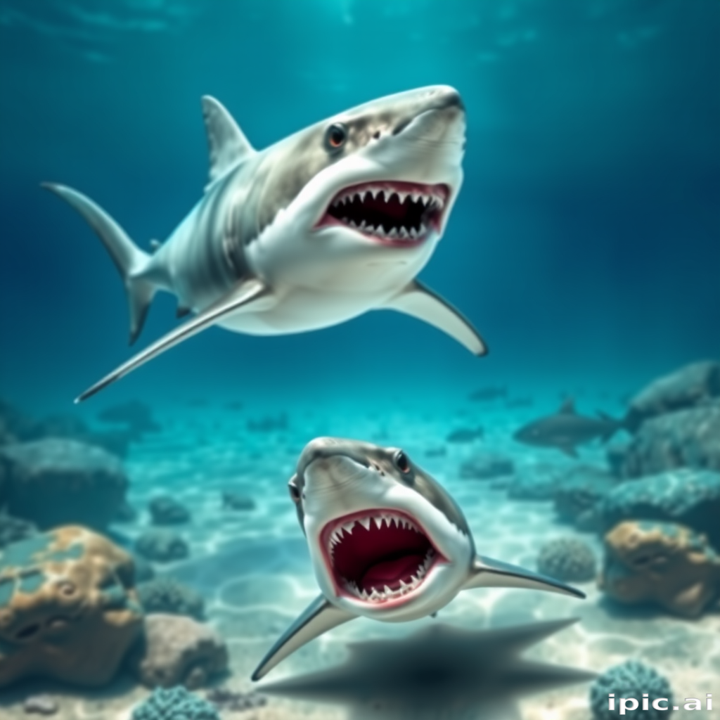 Two Fierce Sharks Swimming Through Vibrant Coral Reef Underwater Scene